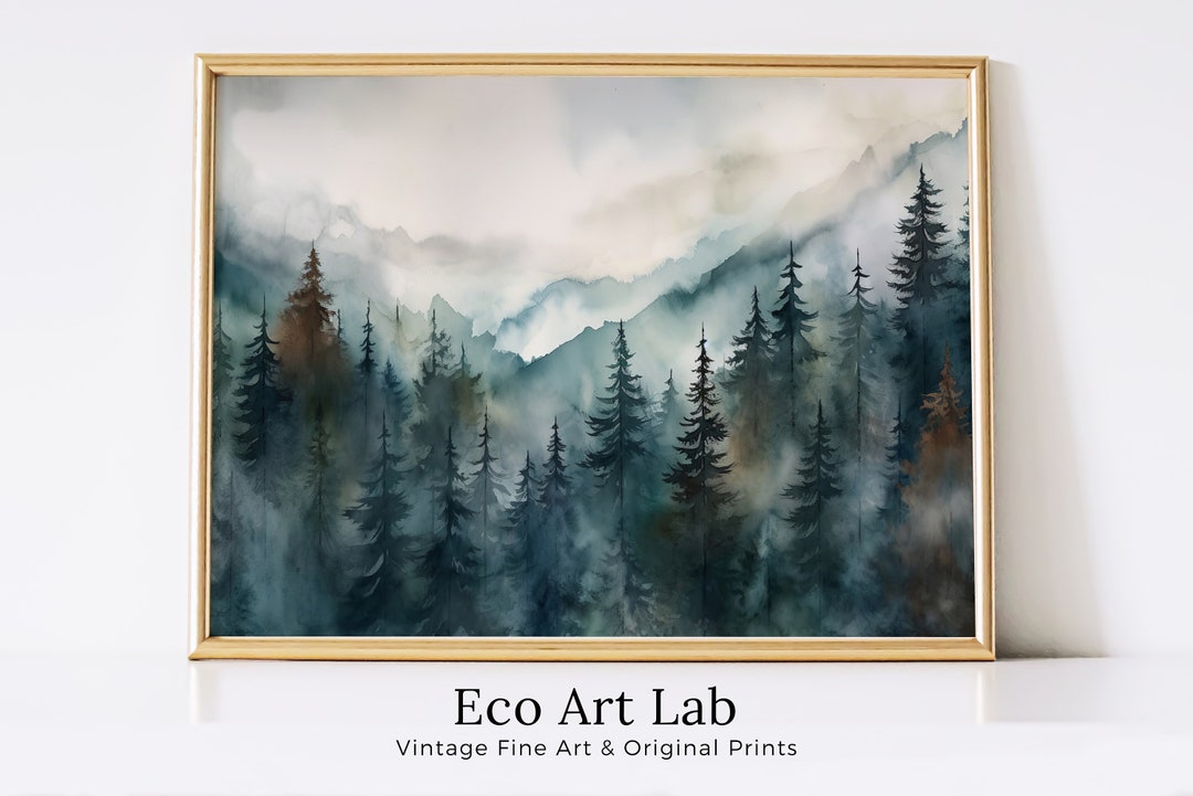 Watercolor Forest Landscape Printable. Green Forest Trees Painting ...