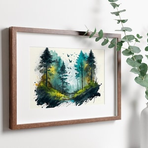 Watercolor Forest Landscape Printable. Printable Wall Art. Green Forest ...