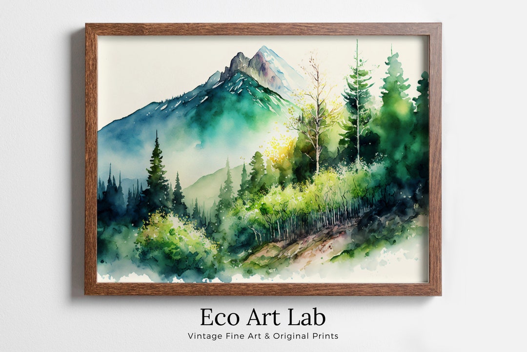 Mountain & Forest Watercolor Painting Print. Forest Landscape Printable ...