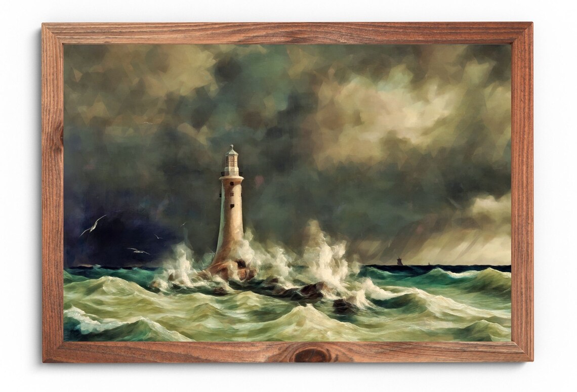 Lighthouse in a Storm at Sea Printable Wall Art Lighthouse | Etsy