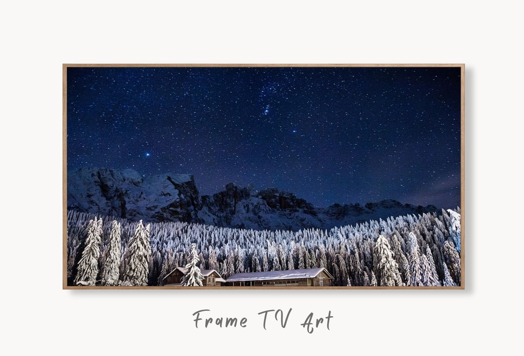Samsung Frame TV Art 4K Winter Cabin. Snowy Mountains at Night ...