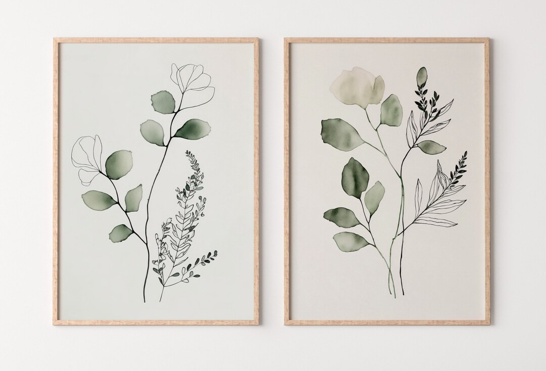 Minimal Boho Floral Prints. Botanical Prints Set of 2. Watercolor Sage ...