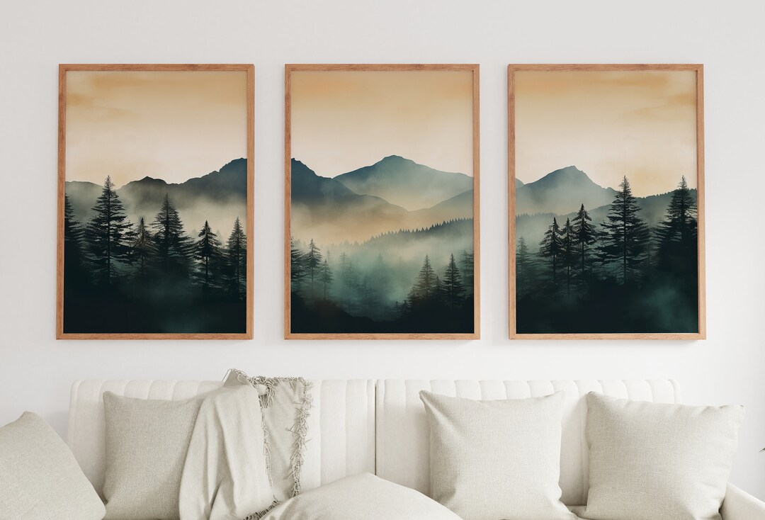 Mountain Prints Set of 3. Nature Prints Set. Watercolor Green Mountain ...