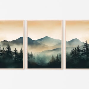 Mountain Prints Set of 3. Nature Prints Set. Watercolor Green Mountain ...