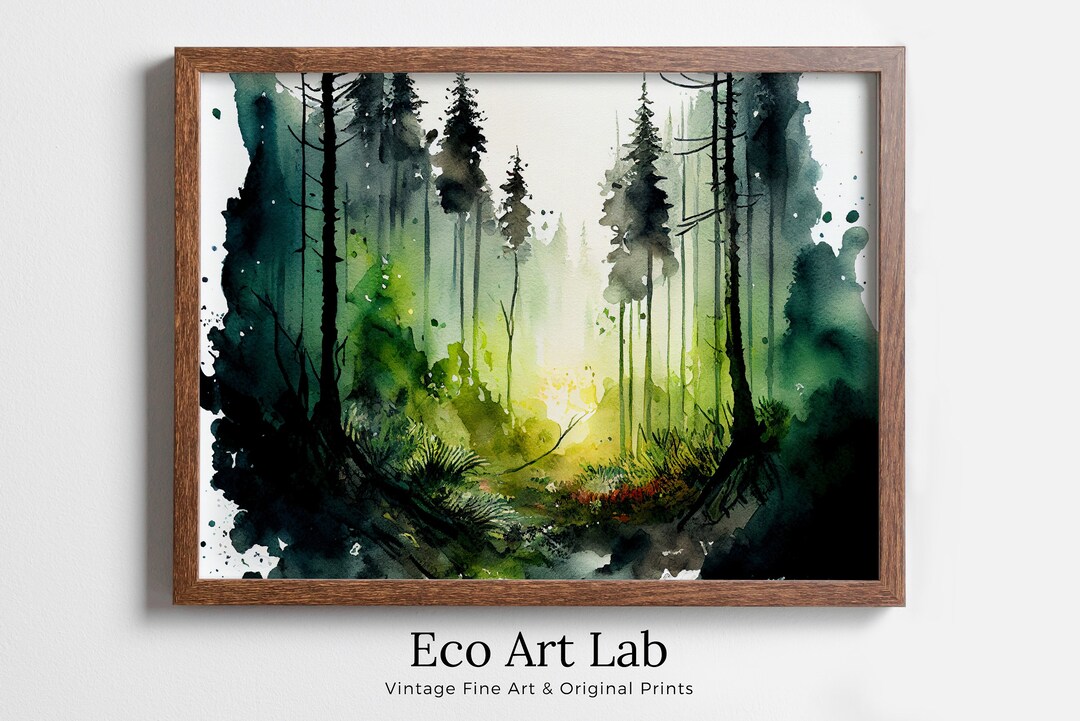 Green Forest Landscape Printable. Forest Trees Watercolor Painting ...