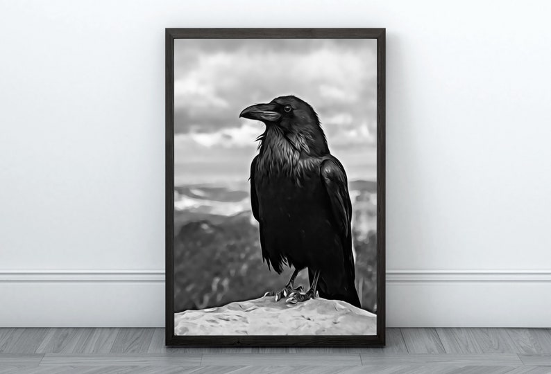 Raven Sitting on Rock Printable Digital Bird Painting. Instant - Etsy