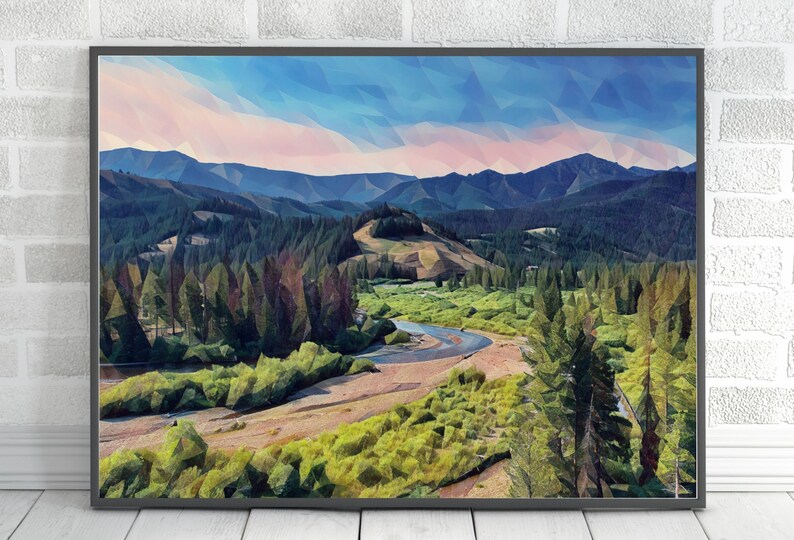 Abstract Mountain View Landscape Painting, Polygons Printable Wall Art ...