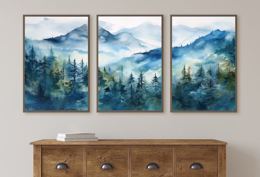 Blue Abstract Mountain Print Set of 3 | Watercolor Mountain Landscape ...