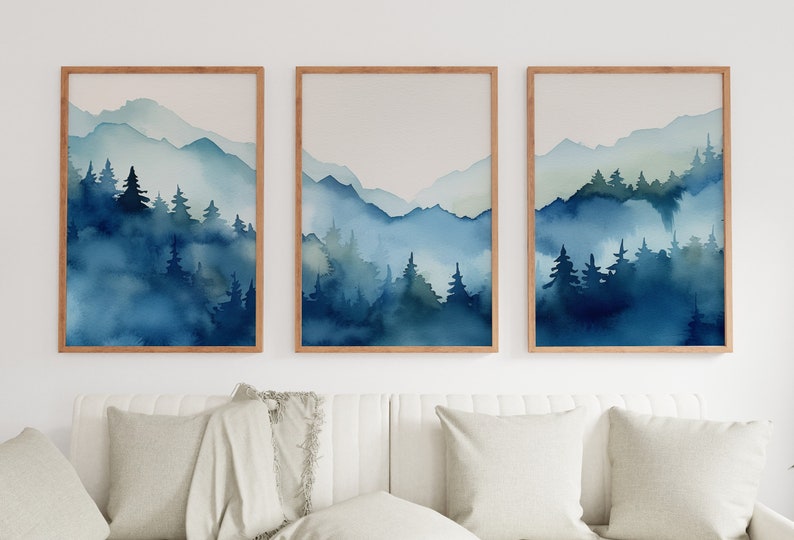 Mountain Print Set of 3 Watercolor Blue Mountain Abstract - Etsy