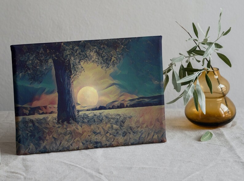 Big Moon and Tree Landscape Painting, Polygons Printable Wall Art, for ...