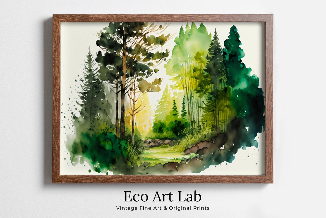 Green Watercolor Forest Landscape Printable. Forest Trees Painting ...