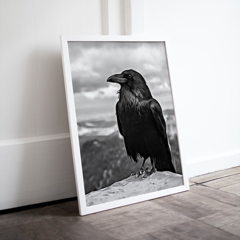 Raven Sitting on Rock Printable Digital Bird Painting. Instant - Etsy