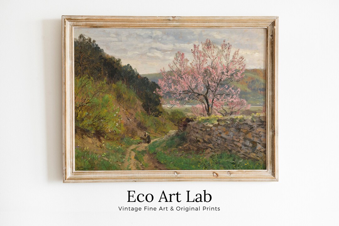 Pintura vintage de paisaje primaveral. Decoración campestre imprimible ...