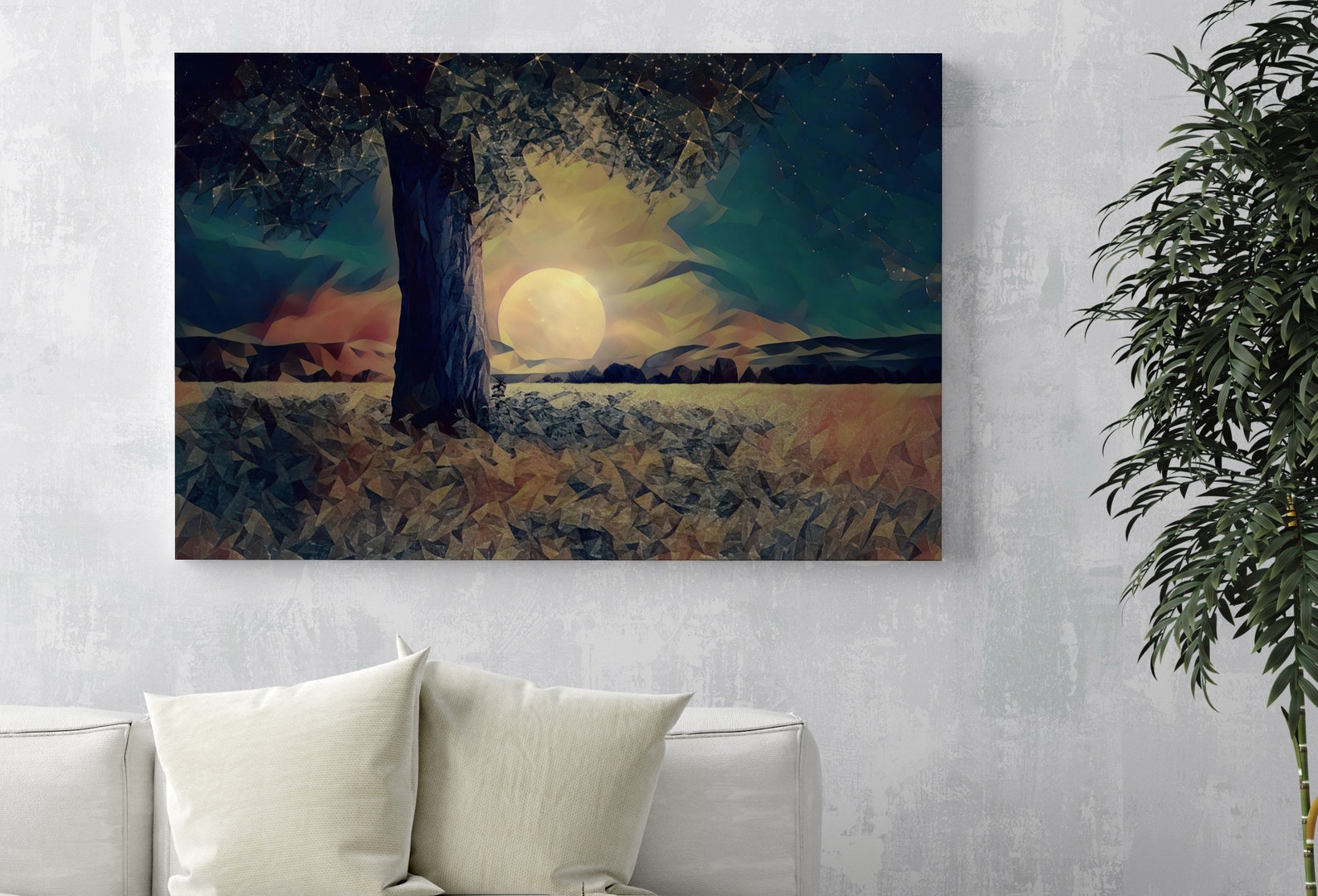 Big Moon and Tree Landscape Painting, Polygons Printable Wall Art, for ...
