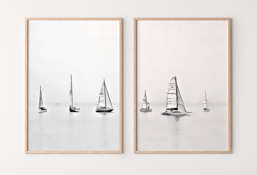Boats at Sea Set of 2 Prints, Nautical Wall Decor. Printable Wall Art ...