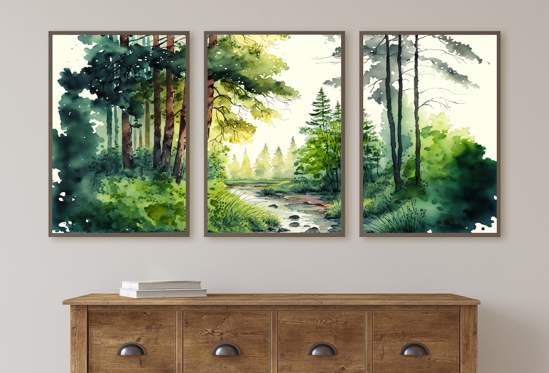 Set of 3 Prints. Watercolor Forest Landscape Prints. 3 Piece Wall Art ...
