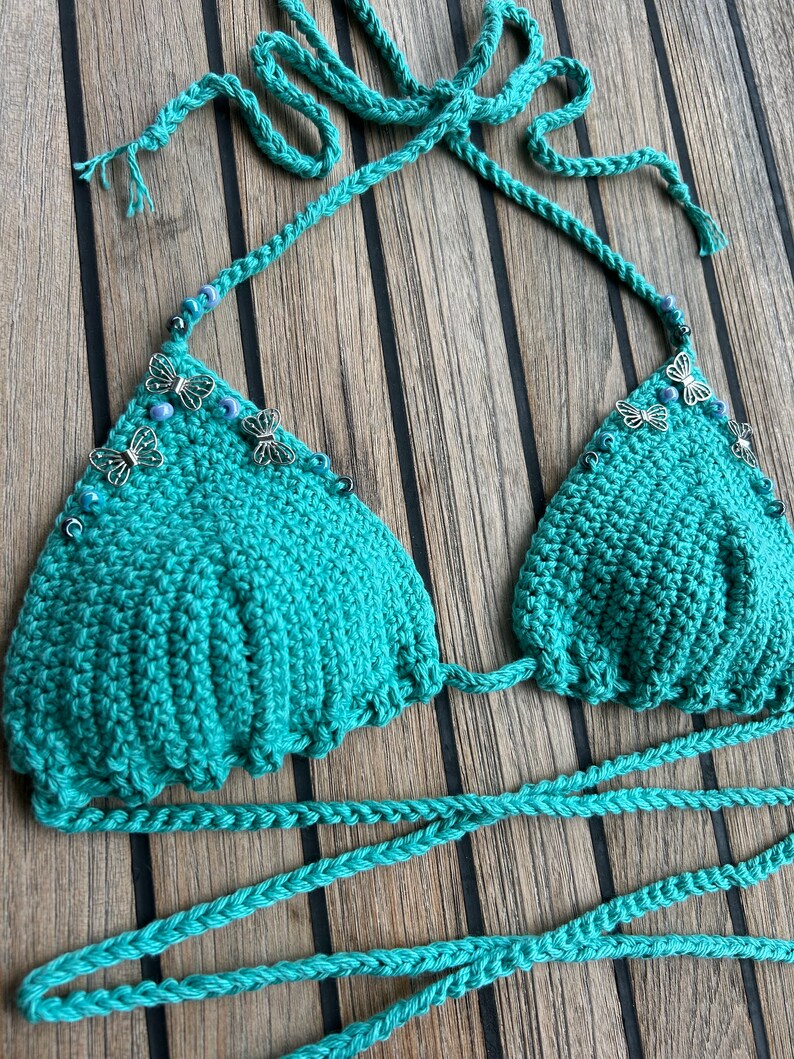 Turquoise Beaded Butterfly Crochet String Bikini Top - Etsy