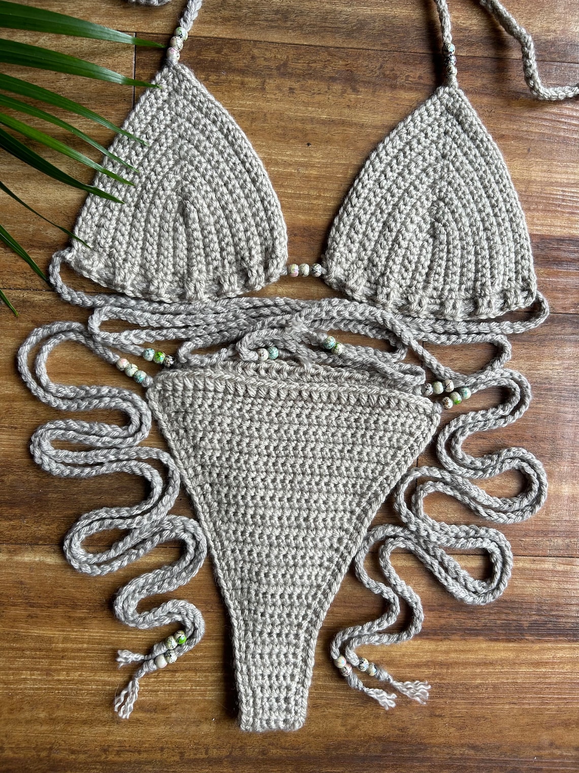 Cracked Iridescent Beaded Crochet String Bikini Set in Greige - Etsy
