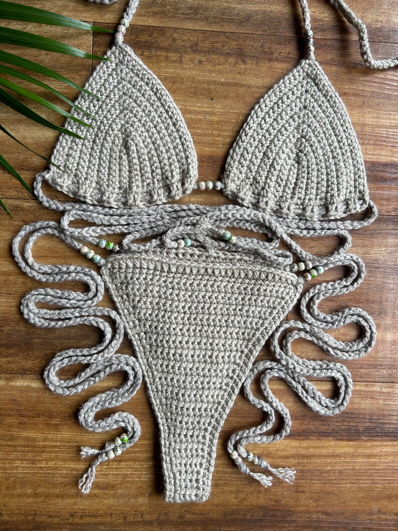 Cracked Iridescent Beaded Crochet String Bikini Set in Greige - Etsy