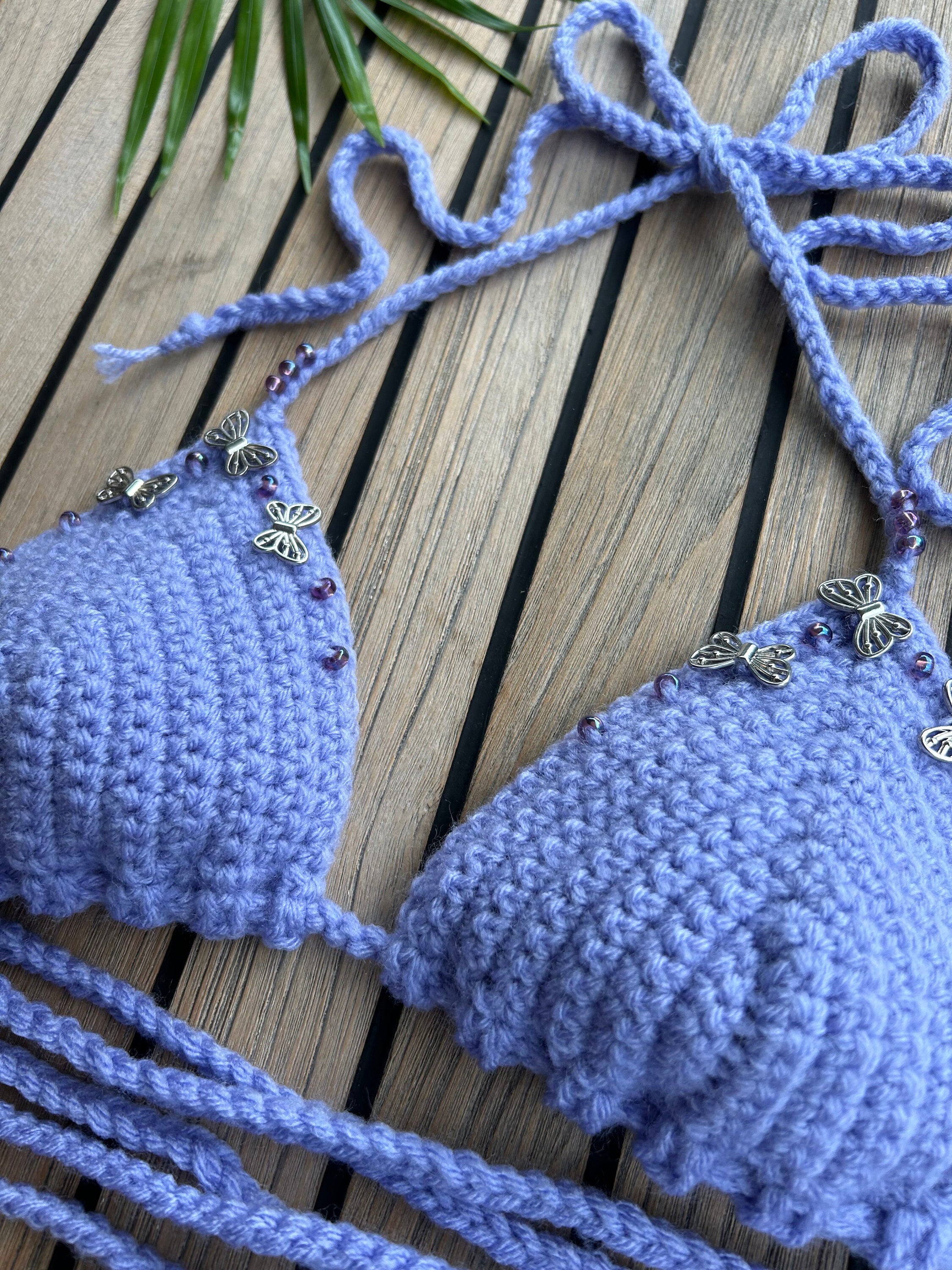 Purple Lavender Beaded Butterfly Crochet String Bikini Top - Etsy