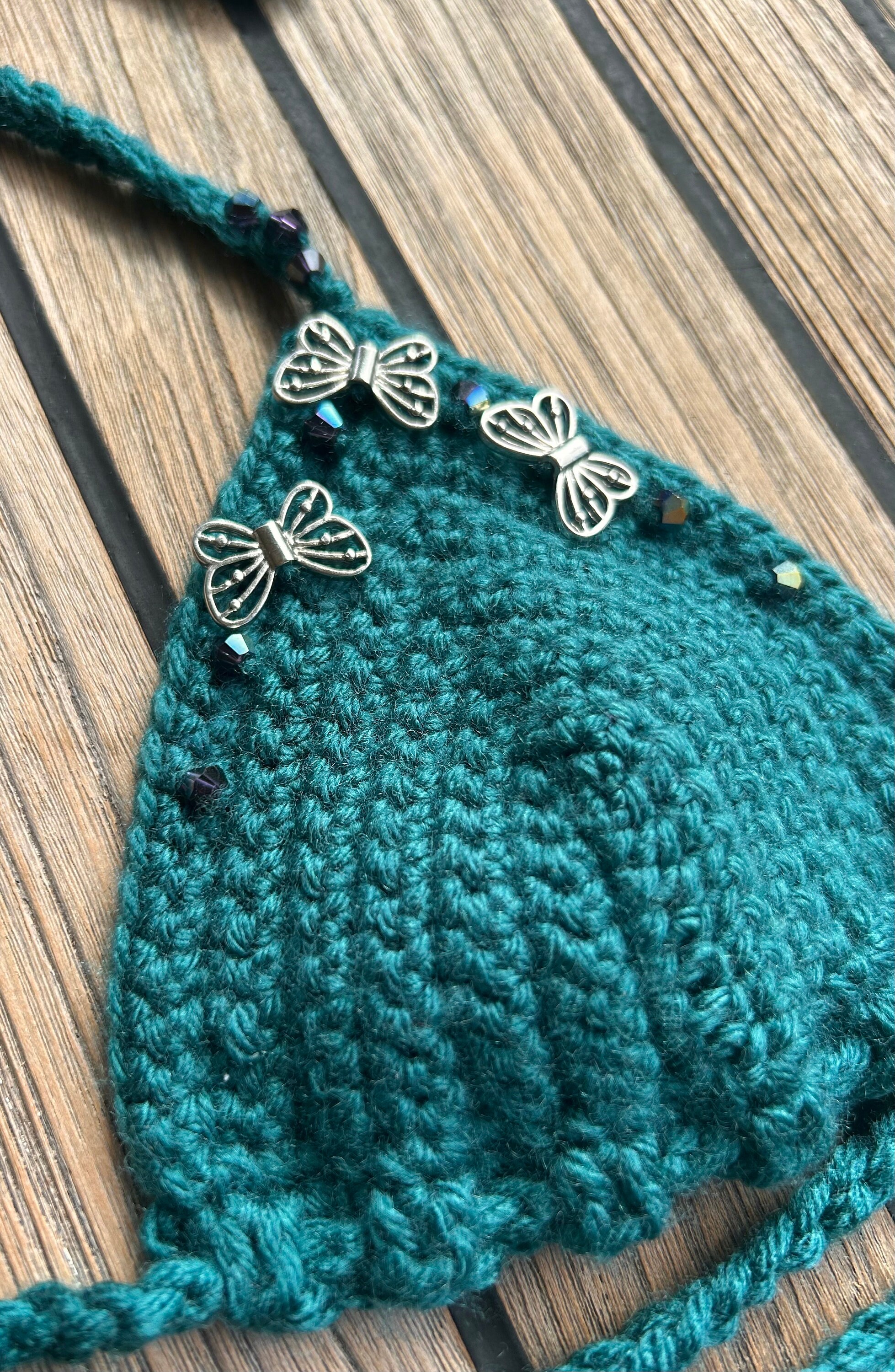 Moody Teal Beaded Butterfly Crochet String Bikini Top - Etsy