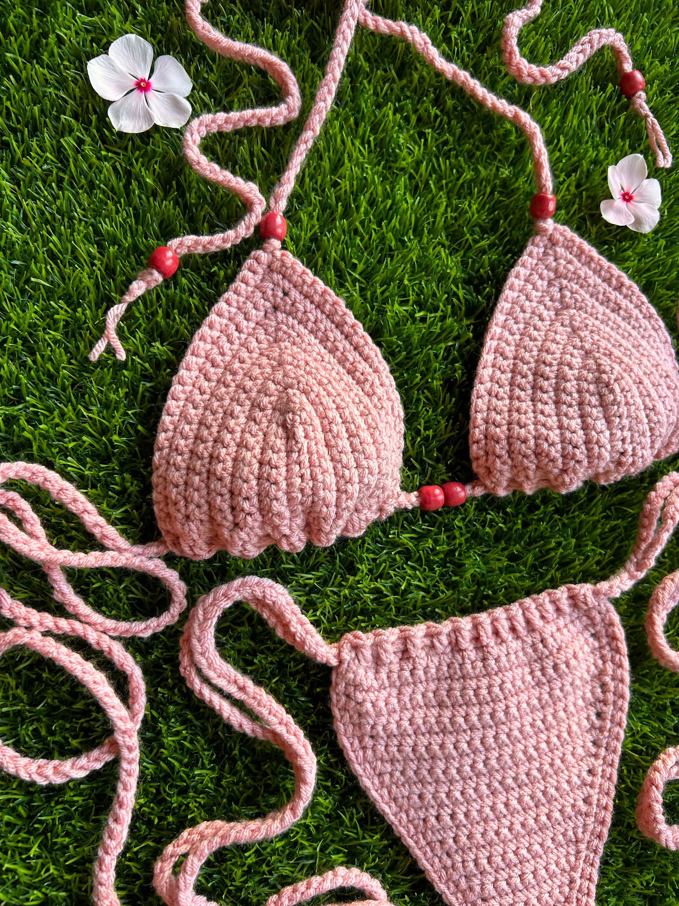 Hermosa Pink Wood Beaded Crochet String Bikini Set - Etsy