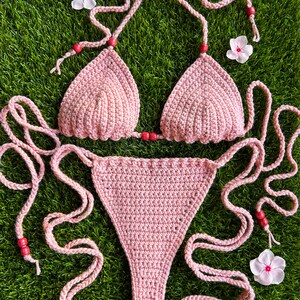 Hermosa Pink Wood Beaded Crochet String Bikini Set - Etsy