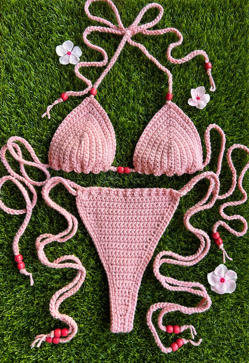 Hermosa Pink Wood Beaded Crochet String Bikini Set - Etsy
