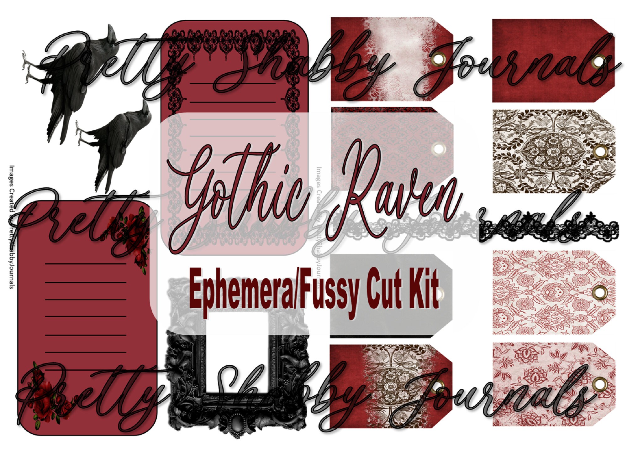 Beautiful Red Gothic Raven Themed Fussy Cuts Journaling Cards Junk ...