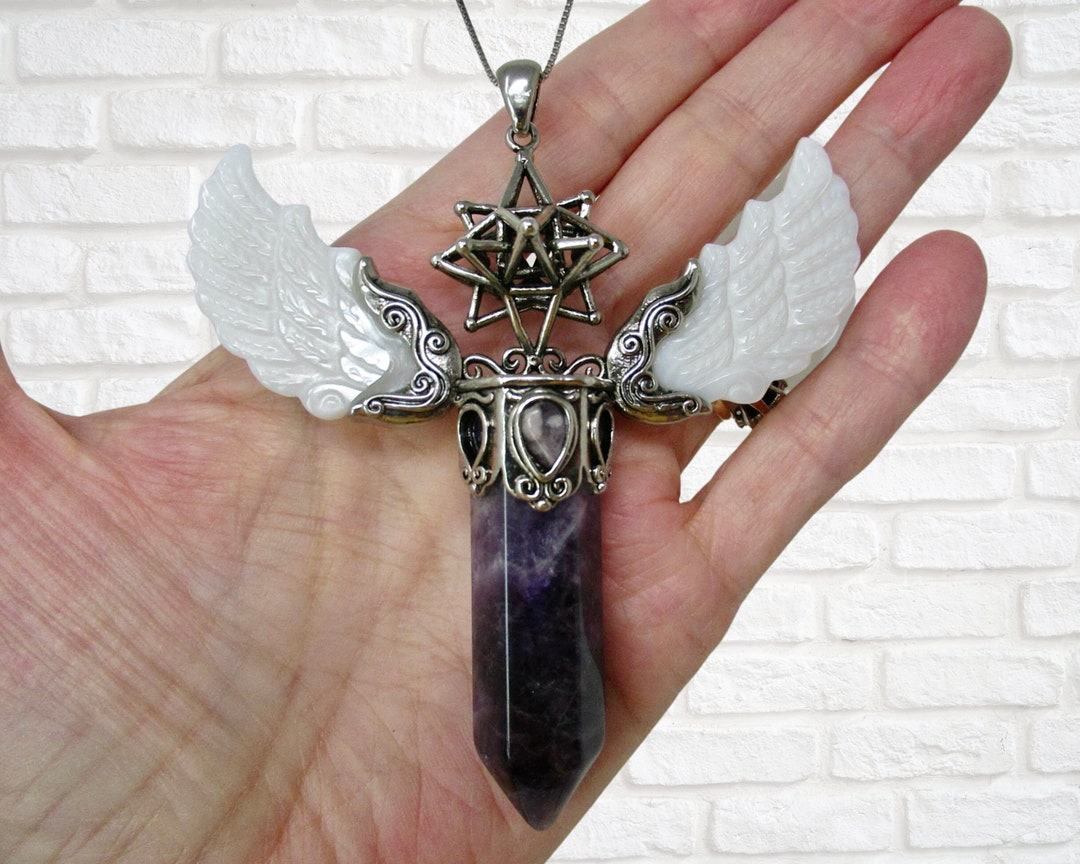 3.6" Amethyst Point Merkaba Merkabah Angel Wings Shell Silver Pendant ...
