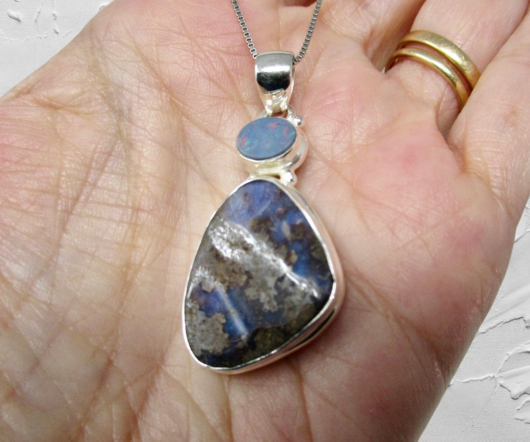 Australian Blue Opal and Boulder Opal Sterling Silver Pendant - Etsy