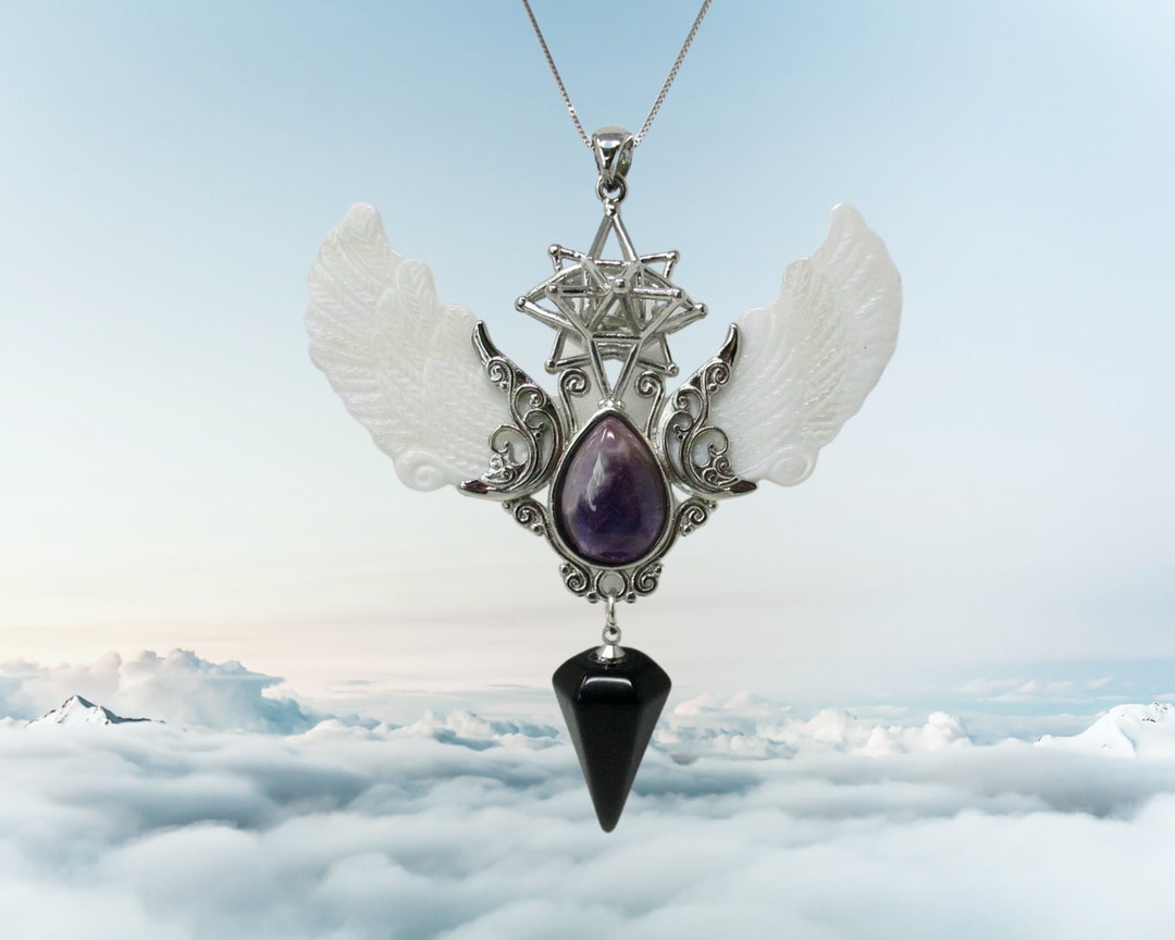 3.6 Amethyst Point Merkaba Merkabah Angel Wings Shell Silver Pendant ...