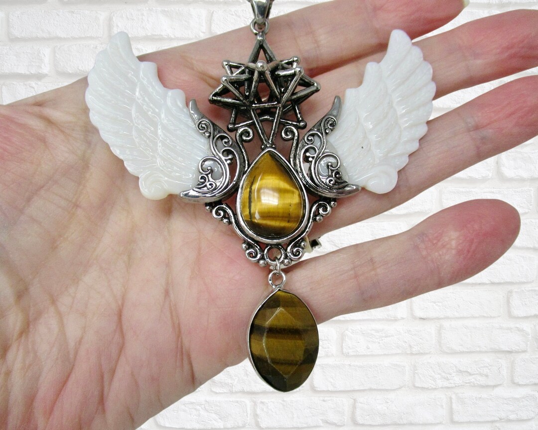 3.25" Angel Wings Shell Golden Tiger Eye Merkaba Merkabah Silver ...