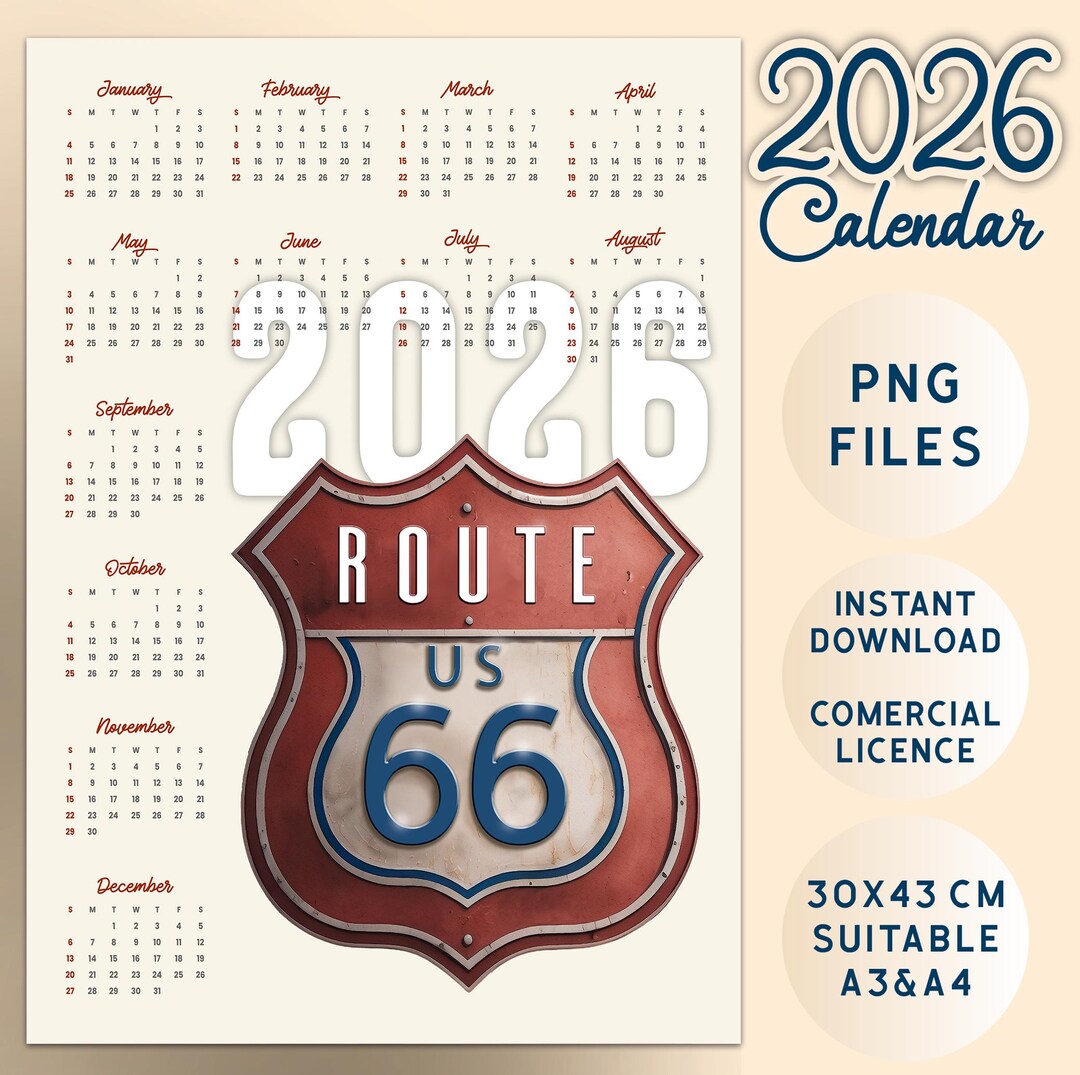 Route 66 2026 Wall Calendar PNG | US Route 66 Vintage Sign | Printable ...