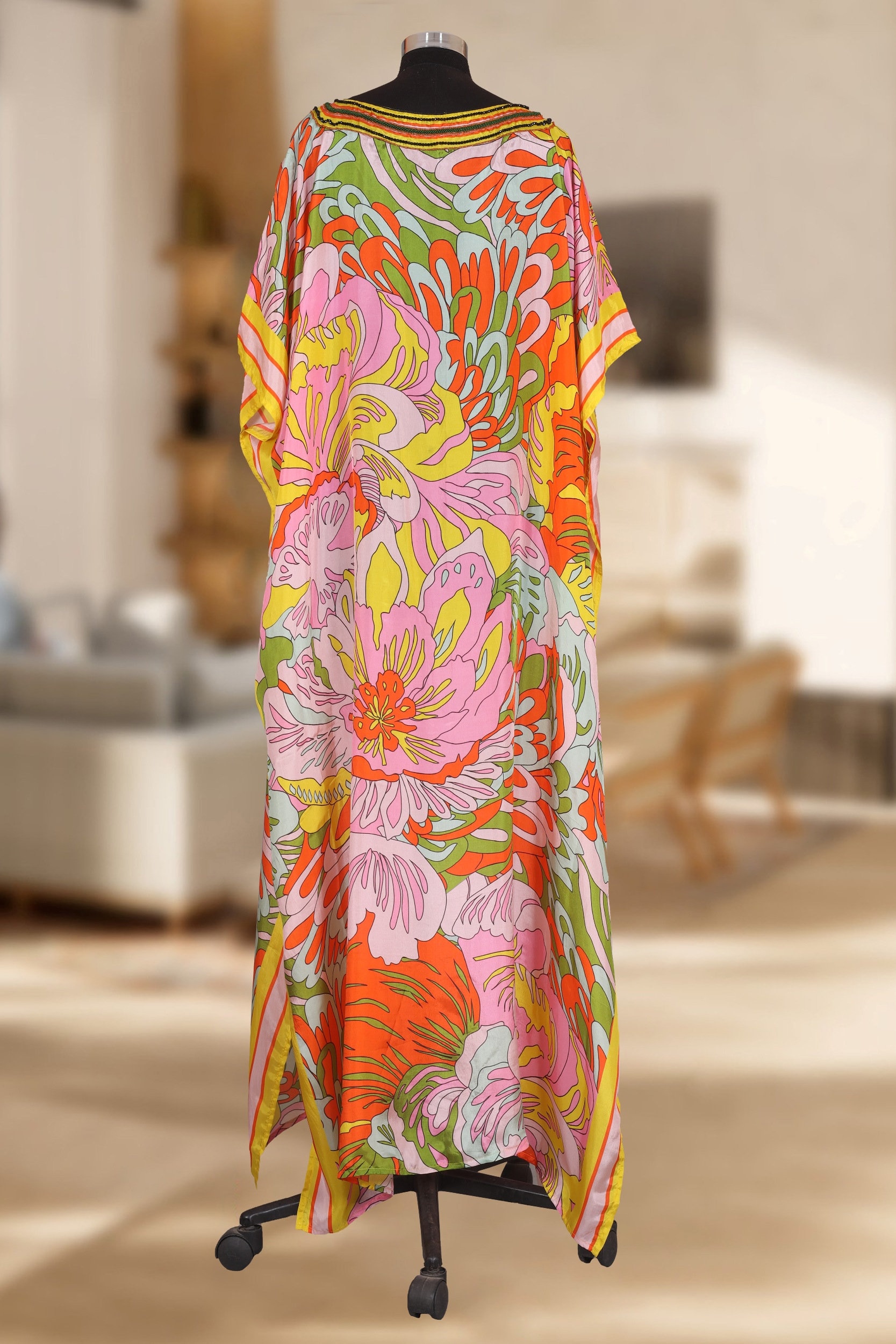 Long Silk Kaftan Silk Caftan Plus Size Abstract Floral Print Silk Caftans Designer Kaftan ...