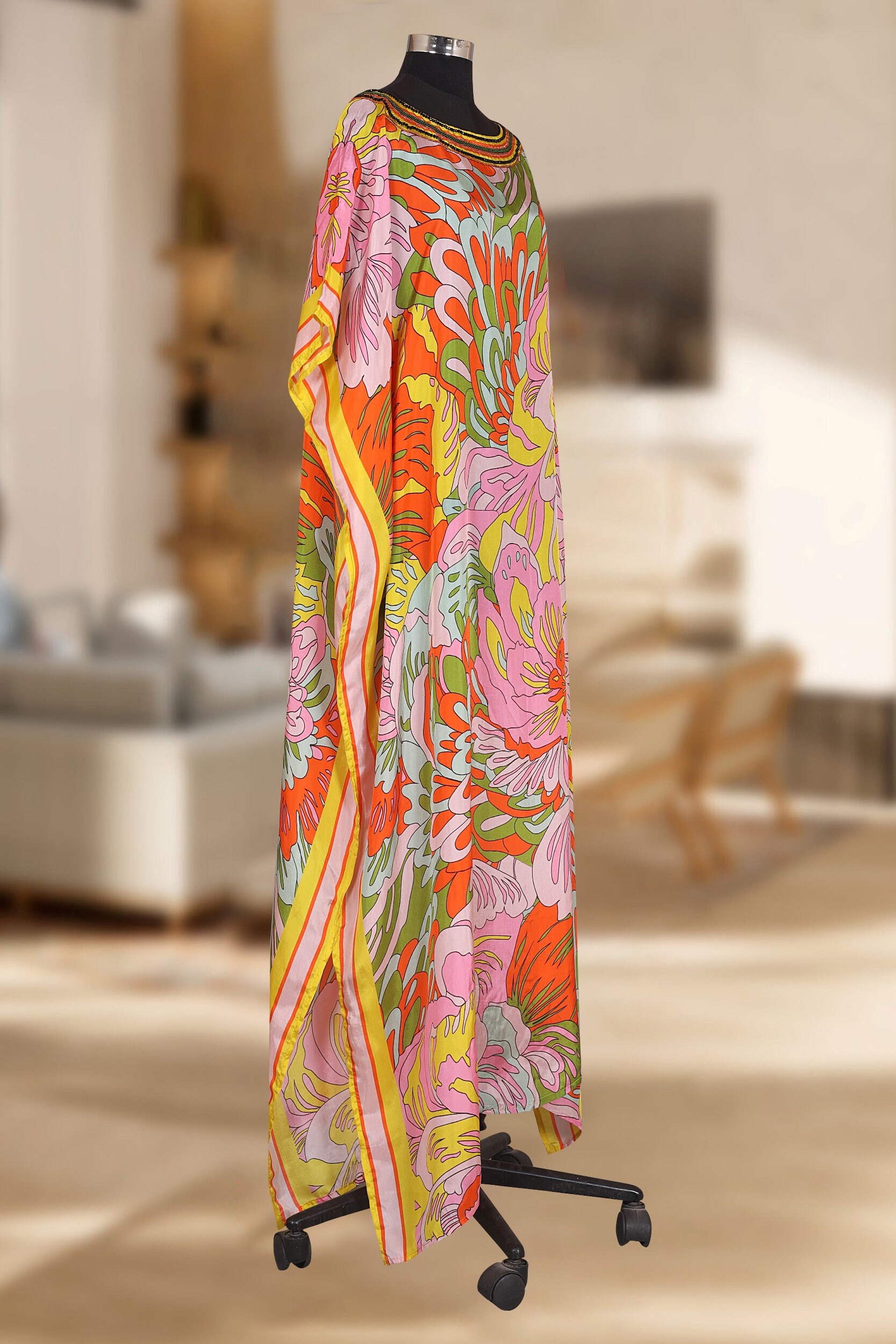 Long Silk Kaftan Silk Caftan Plus Size Abstract Floral Print Silk ...