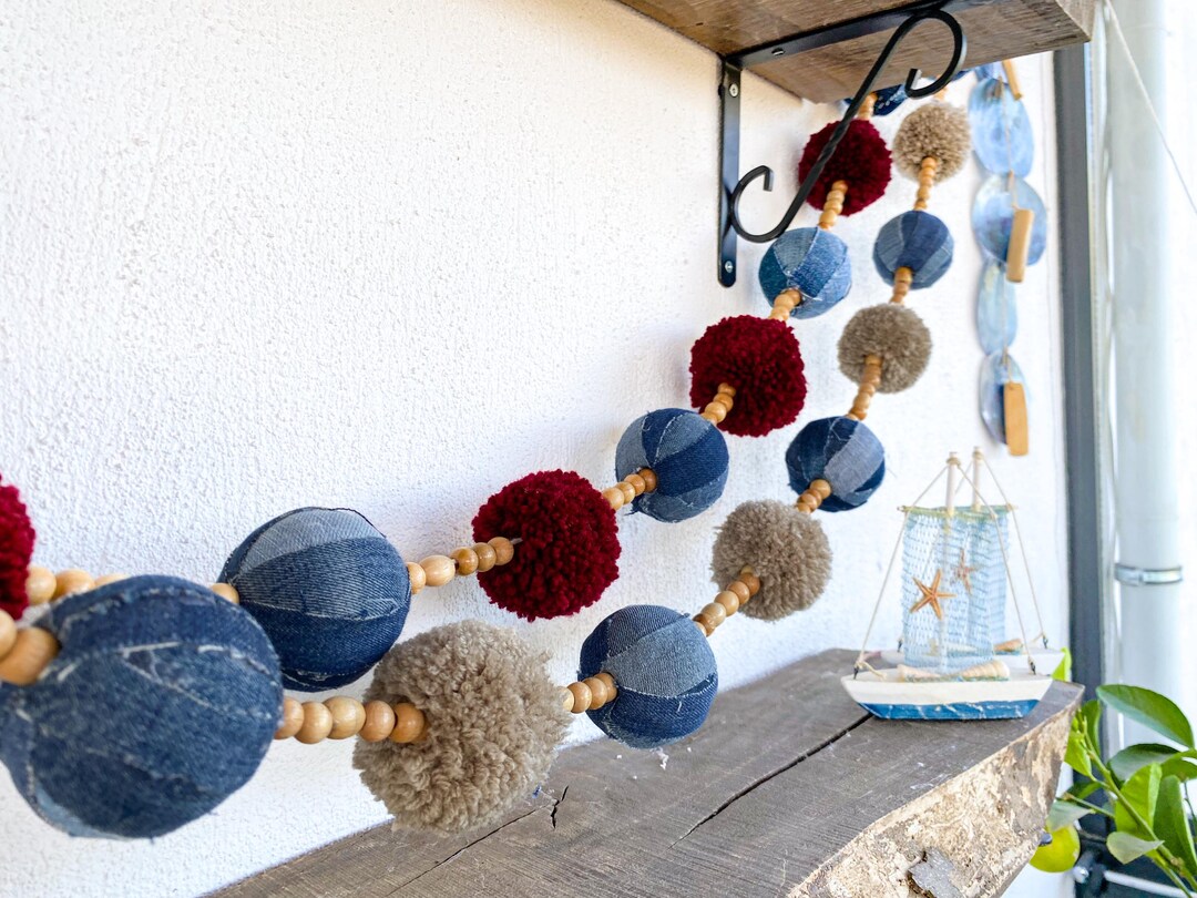 Christmas Red Pom Pom and Denim Garland - Rustic Wood Bead Mantel Decor ...