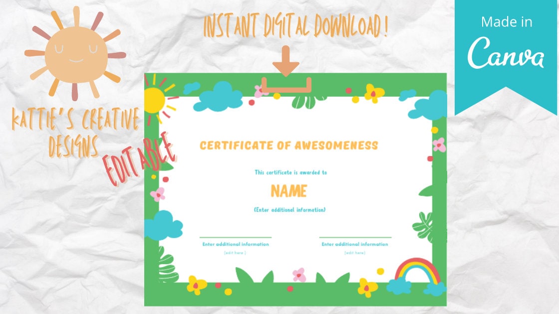 Editable, Printable, Certificates, Certificate of Awesomeness, Instant ...