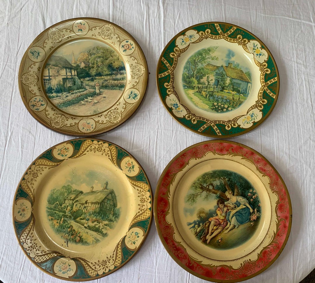 4 TIN PLATES - 2 Tin Plates Portland Ware - Melody and Cottage Garden ...