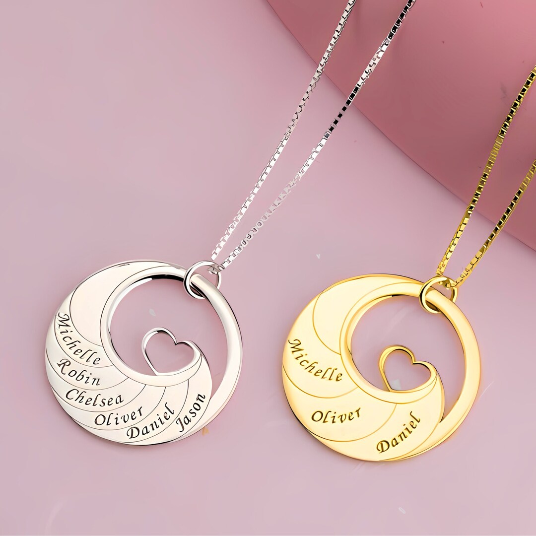 Heart Mom Necklace Engraved Kids Names, Sterling Silver - Personalized ...