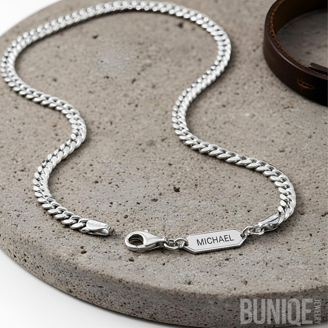 Sterling Silver Cuban Chain Necklace With Engraved Name Bar ...