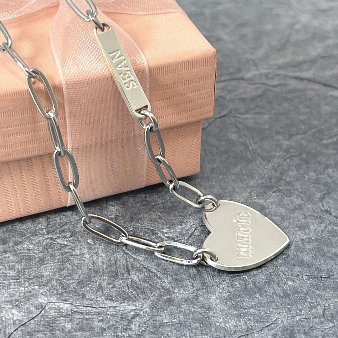 Personalized Paperclip Heart Tag Necklace With Engraved Bar Nameplate ...