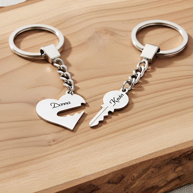 Heart & Key Puzzle Couple Keychain Set, Sterling Silver: Custom ...