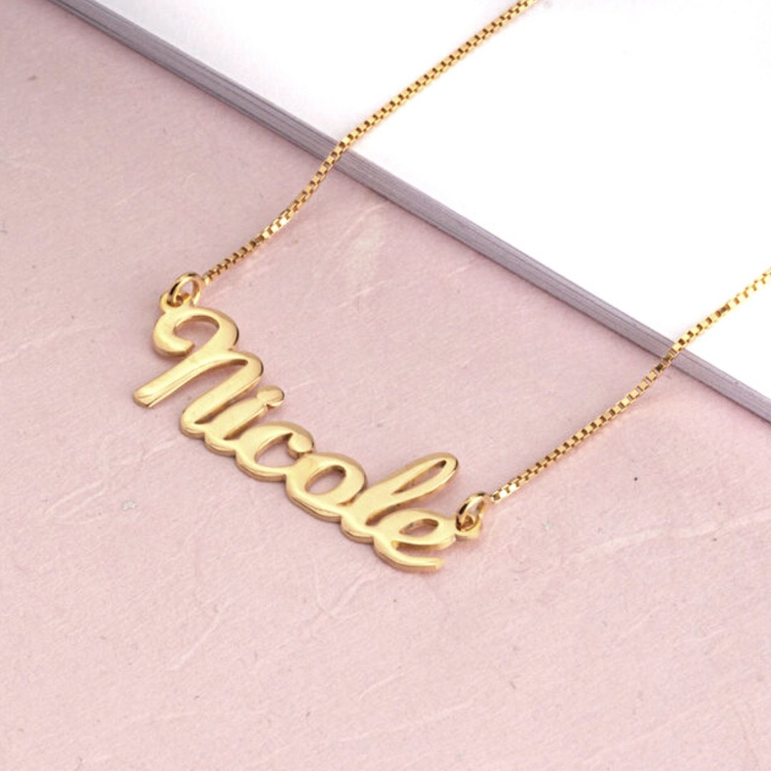 14K Gold Name Necklace: Custom Cursive Pendant, Solid Gold Box Chain - Etsy