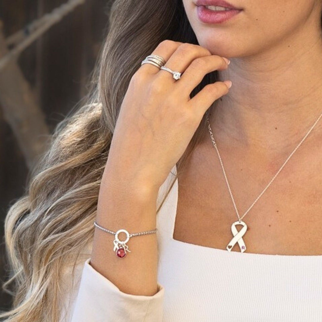 Breast Cancer Charms Bracelet 925 Sterling Silver Pink Ribbon Cancer ...