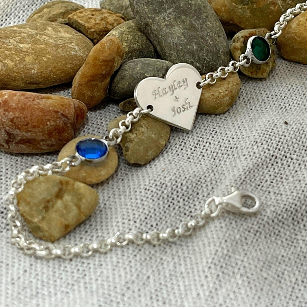 Sterling Silver Heart Couple Anklet: Engraved Names & Birthstones - Etsy