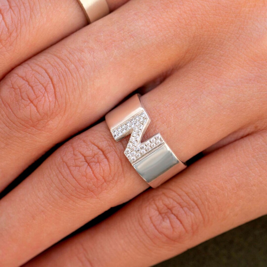 Pave Initial Ring | Sterling Silver CZ Letter Ring | Personalized Wide ...
