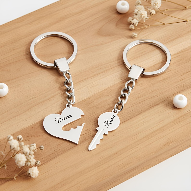 Heart & Key Puzzle Couple Keychain Set, Sterling Silver: Custom ...