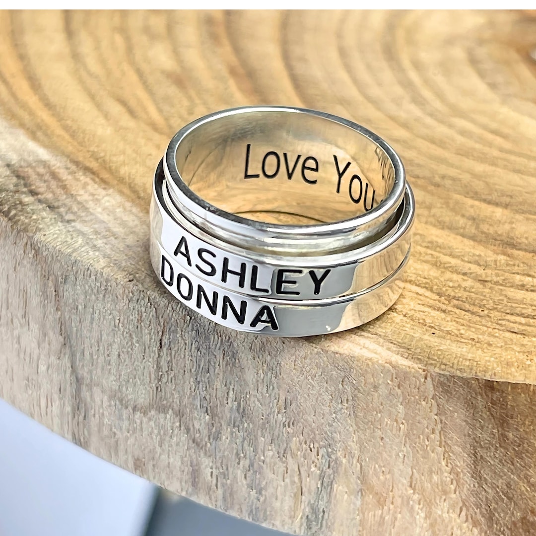 Spinner Ring Sterling Silver Fidget Spinning - Custom Engraved Two Names Secret Message ...