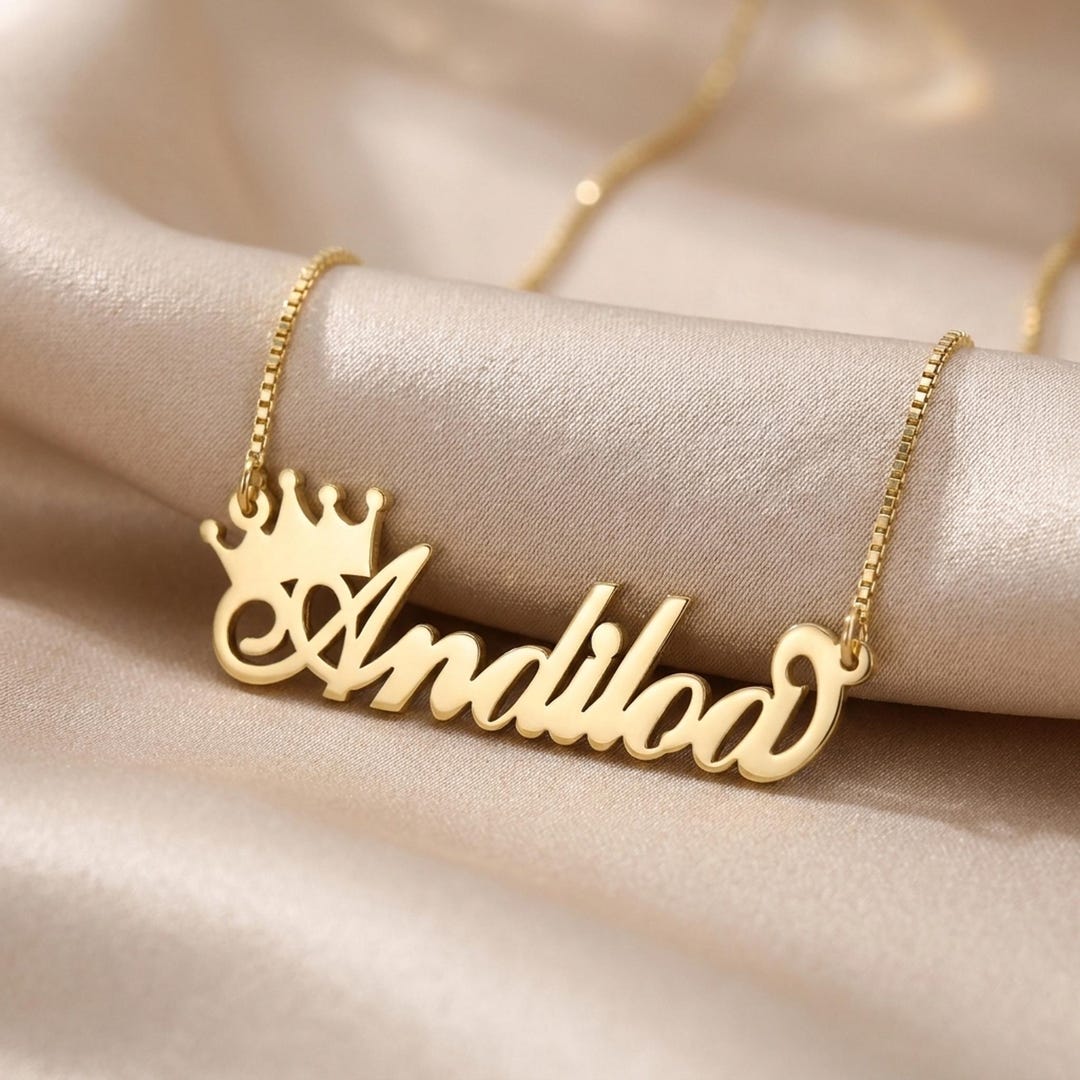 14K Solid Gold Crown Name Necklace: Personalized Princess Jewelry ...